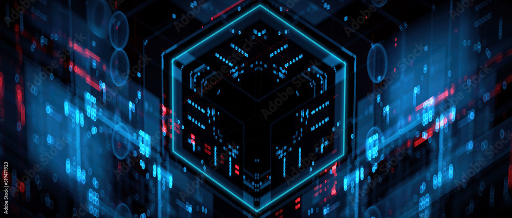 3D rendering of cyberpunk AI. Circuit board. Technology background ...