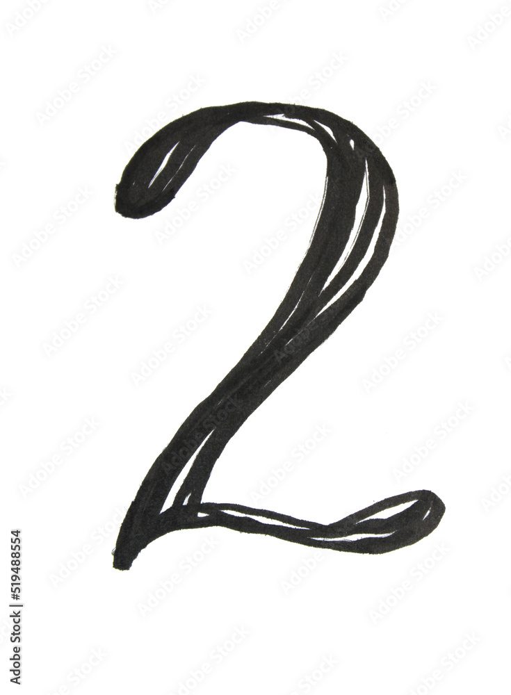 Hand-drawn lettering number two isolated on white background. Object 2 ...