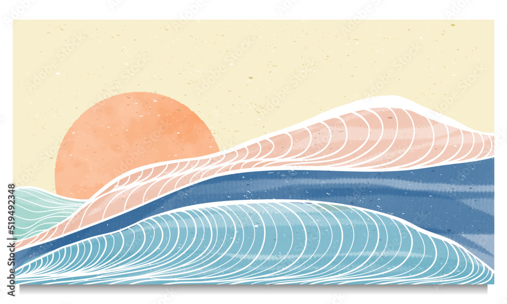 Ocean wave landscape. Creative minimalist modern paint and line art ...