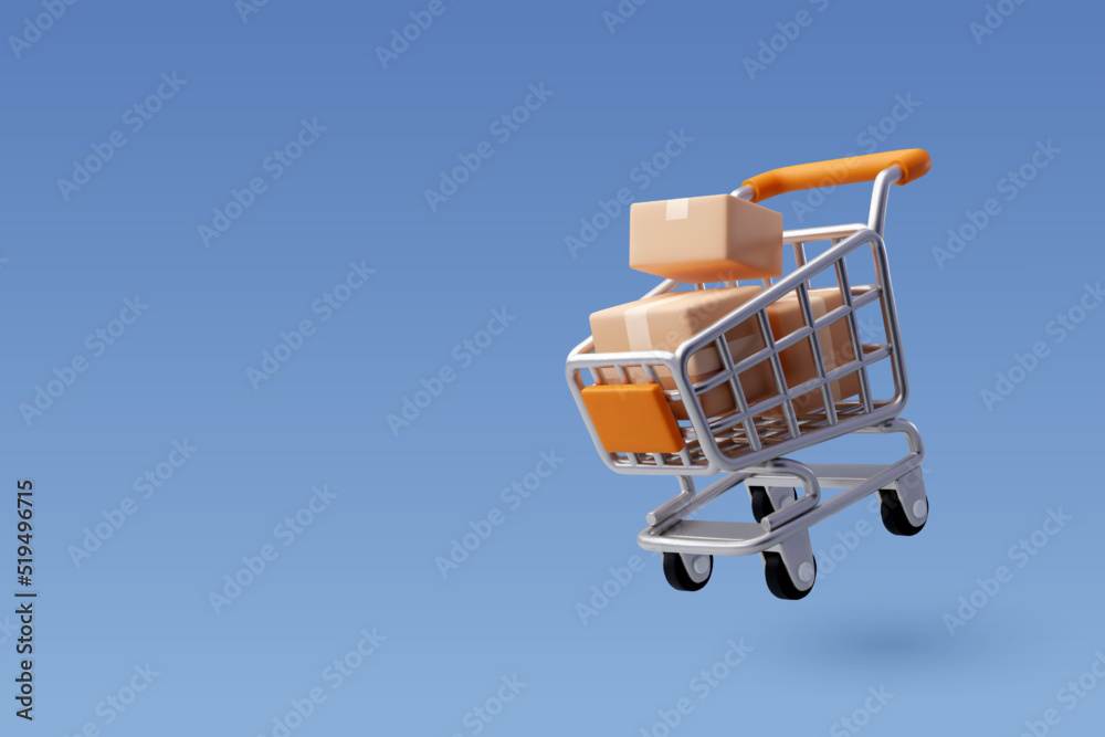 3d Vector Shopping Trolley with Parcel boxes, Shopping Online Concept ...