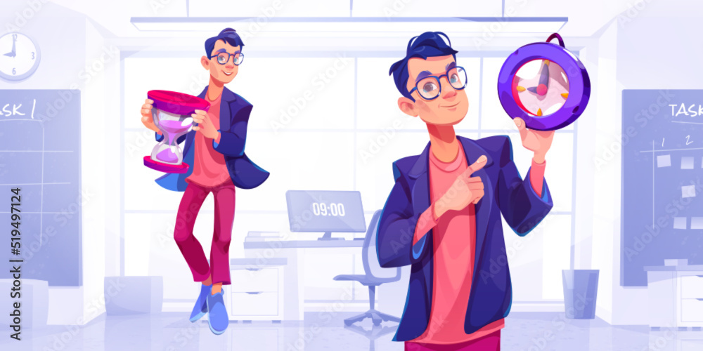 Time management concept with man with hourglass and clock in office ...