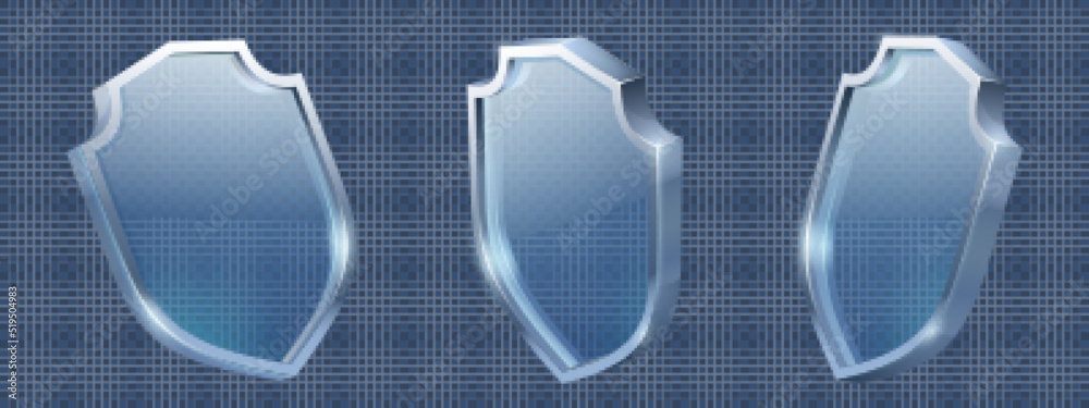 Glass shield in metal frame realistic vector illustrations. Blank ...