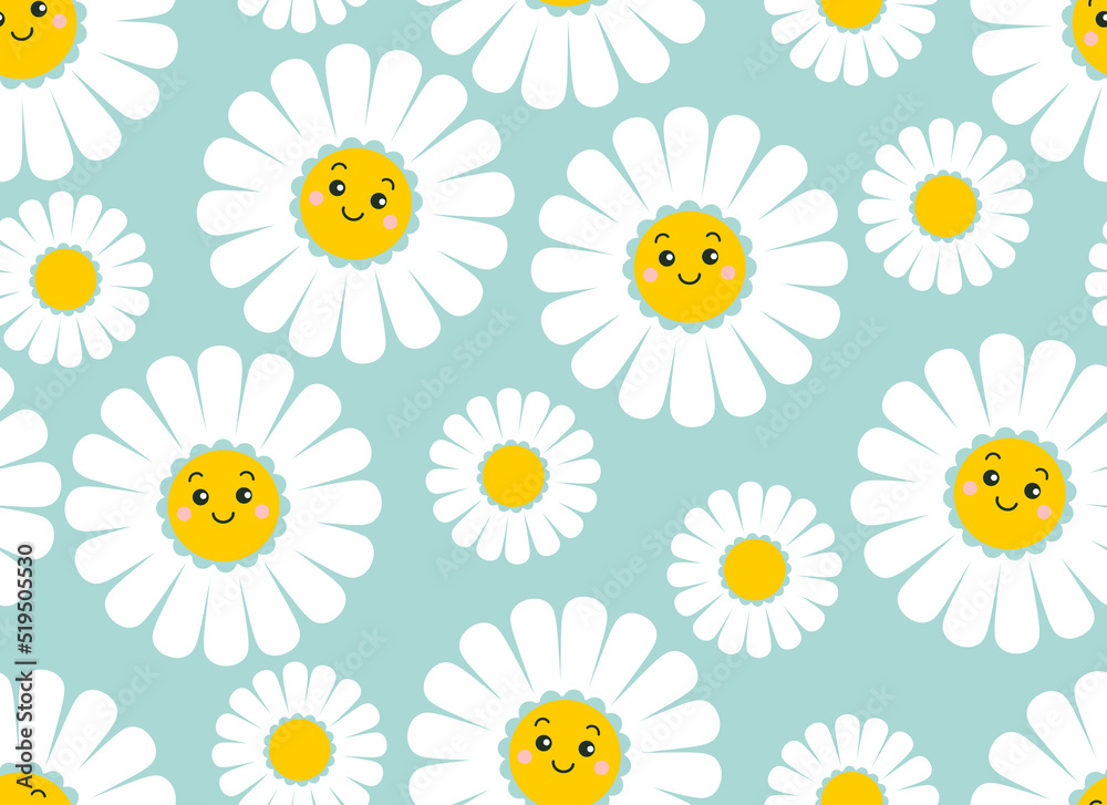 Cute smiling daisy flower seamless pattern. Chamomile with happy ...