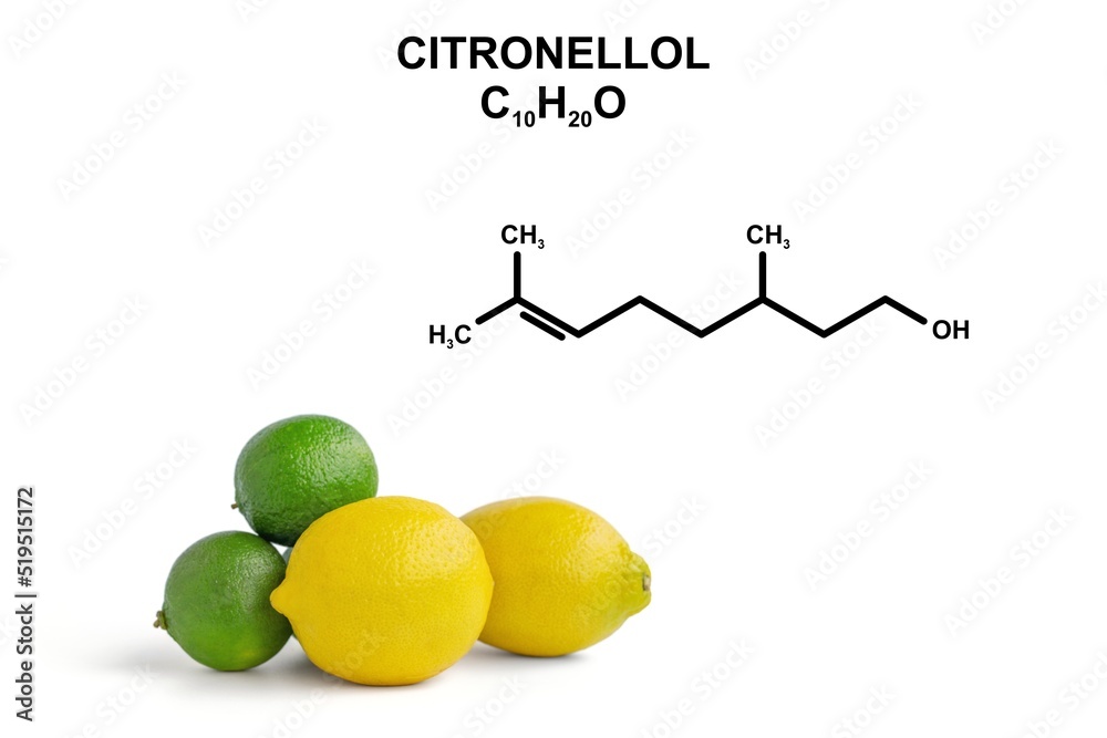 Lemons and limes with the structural formula of citronellol. Stock ...