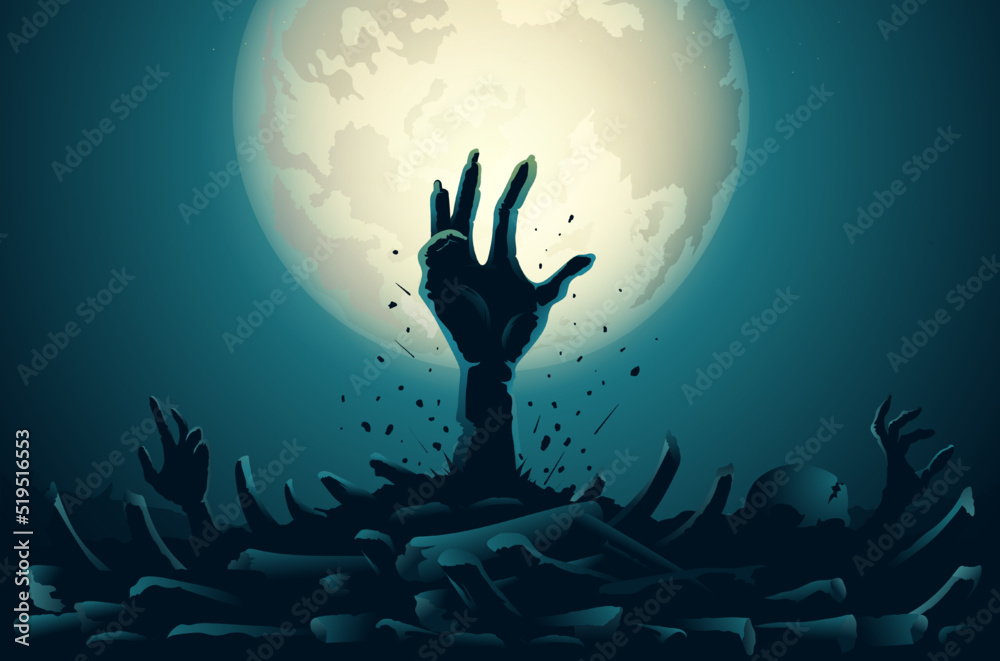 Silhouette zombie Hands and arms rising out of skull pile and bones on ...