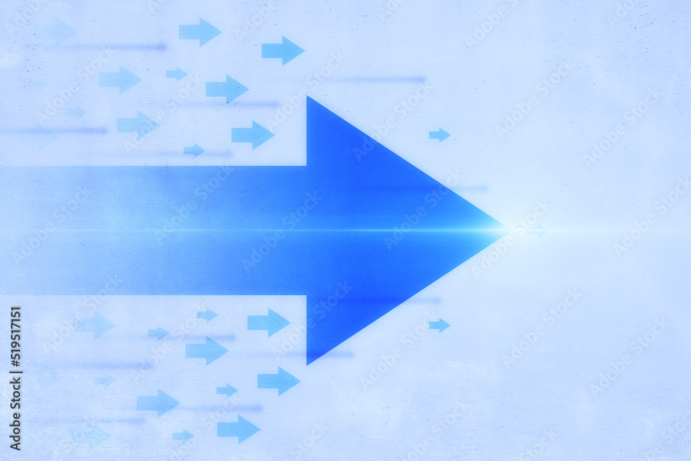 Abstract glowing digital arrows on white wall background. Future ...