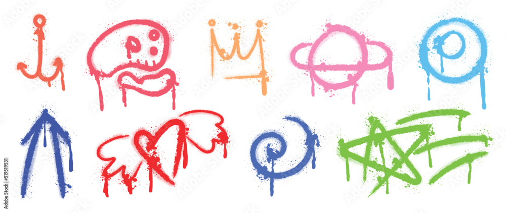 Set of colorful graffiti spray pattern. Collection of symbols, planet ...
