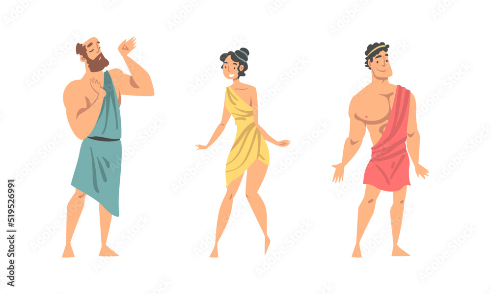 Ancient Greek people in traditional clothes set. Greek gods cartoon ...
