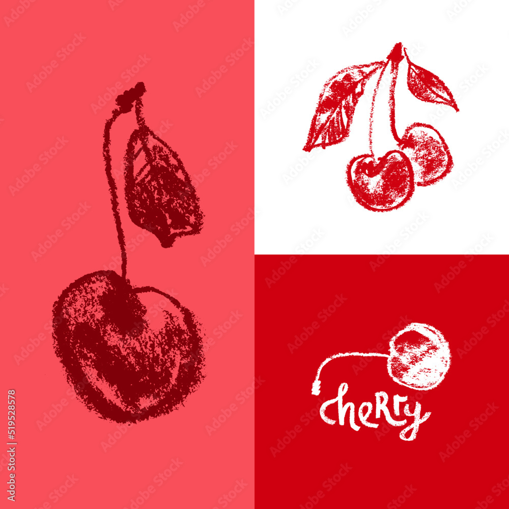 Cherry drawing isolated. Hand drawn fruit sketch. Stencil style icon of ...