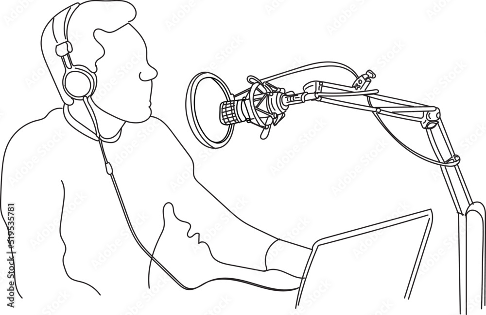 Podcast Man Vector, Sketch drawing of man doing podcast on mic ...