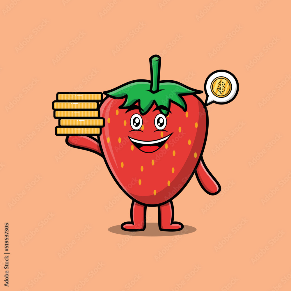 Cute cartoon strawberry character holding in stacked gold coin vector ...
