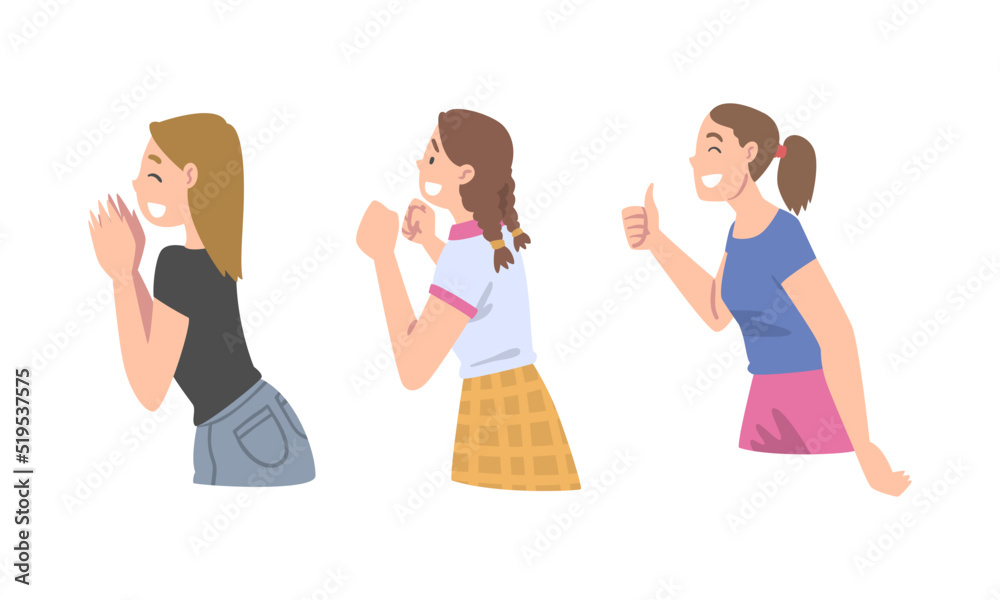 Excited teenage girls followers looking at someone with admiration ...
