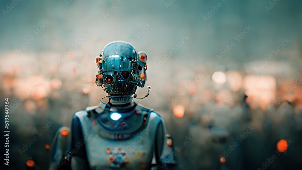The robot's face is close-up, against the background of the city. A ...