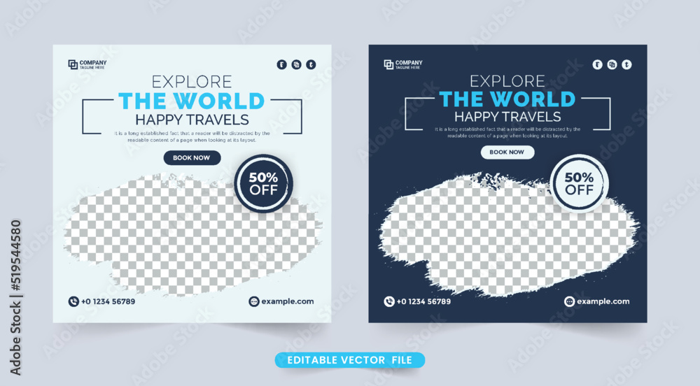 Travel agency social media post design with white and dark blue color ...
