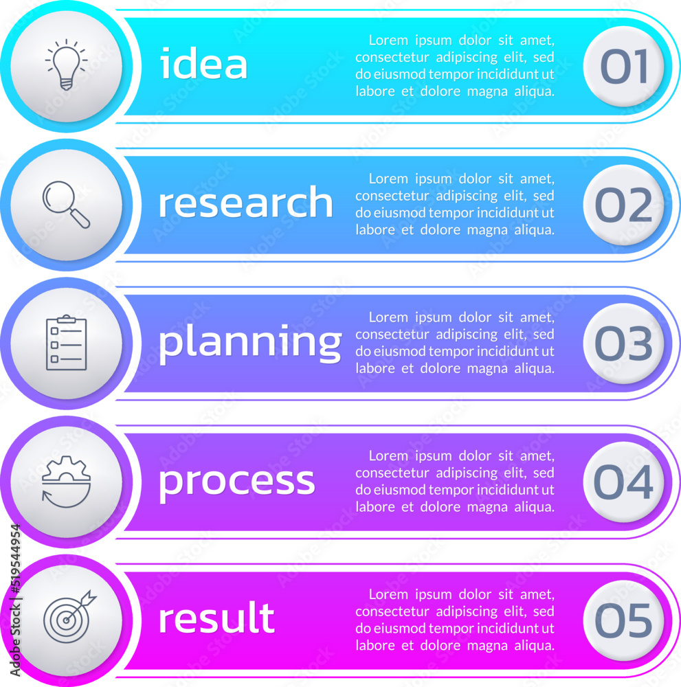 5 number list template. Five step business layout with text banners ...