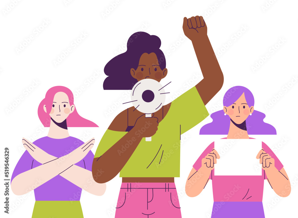 Protest for women's rights concept. 3 girls in line raising voice with ...