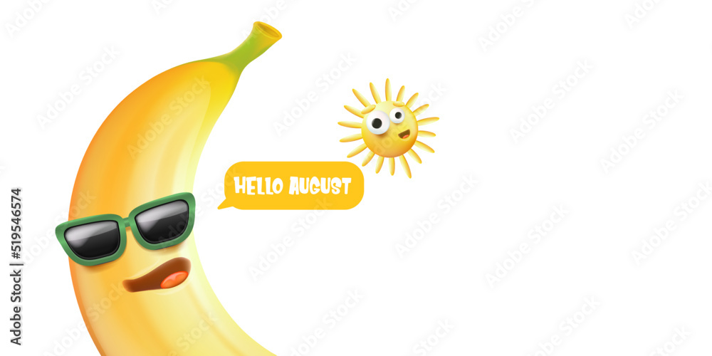 hello August horizontal banner with cartoon sun and funky banana ...