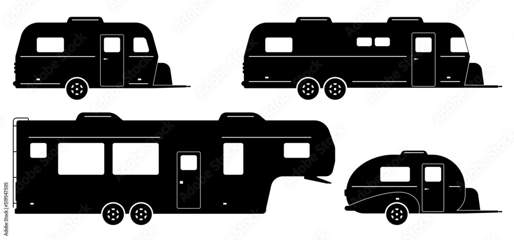 Camping trailers silhouette on white background. RV icons set view from ...