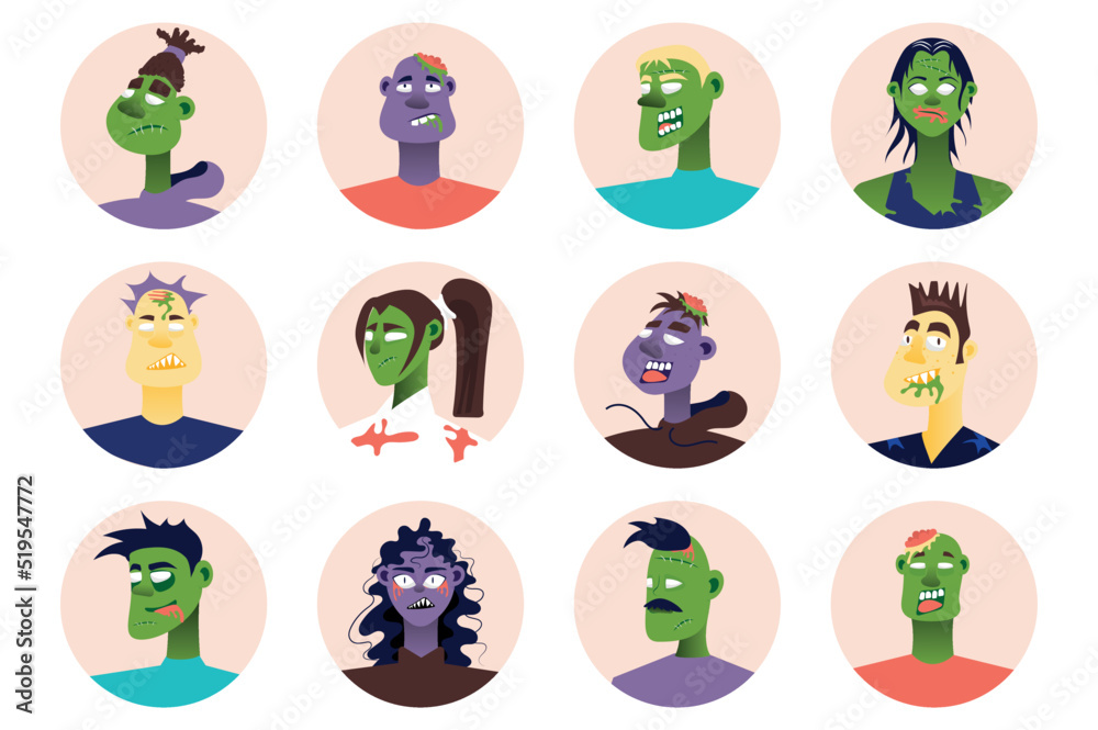 Zombie people avatars isolated set. Undead men and women with different ...