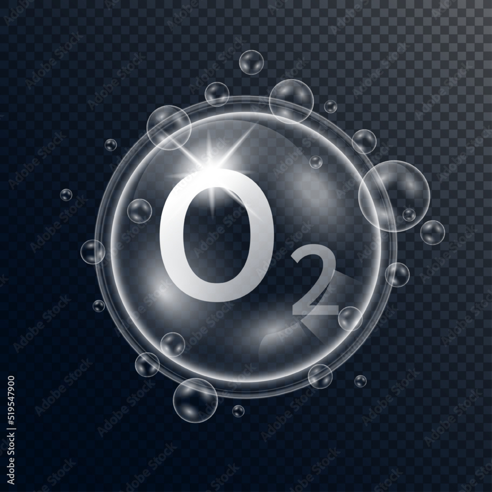 Oxygen O2 natural gas in the form of a bubbles transparent with white ...