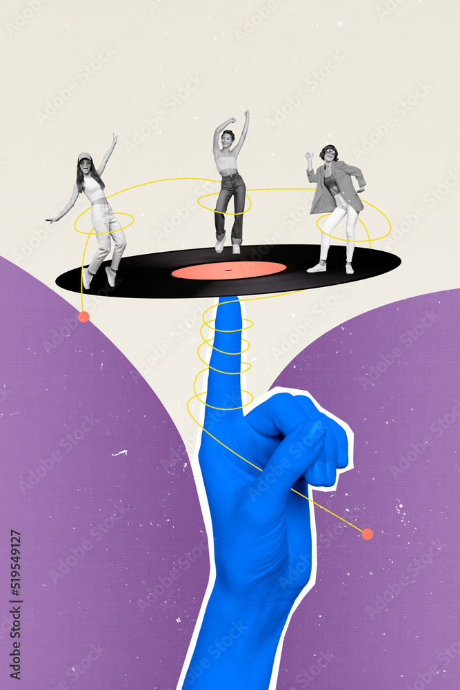 Magazine collage banner of small youngsters people dancing on huge ...