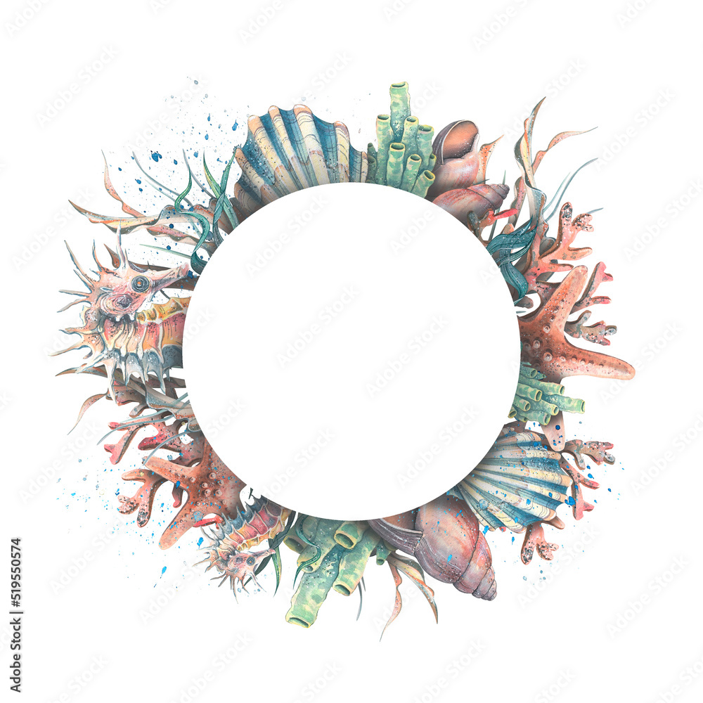 Round frame with seashells, seahorse, starfish and corals. Watercolor ...