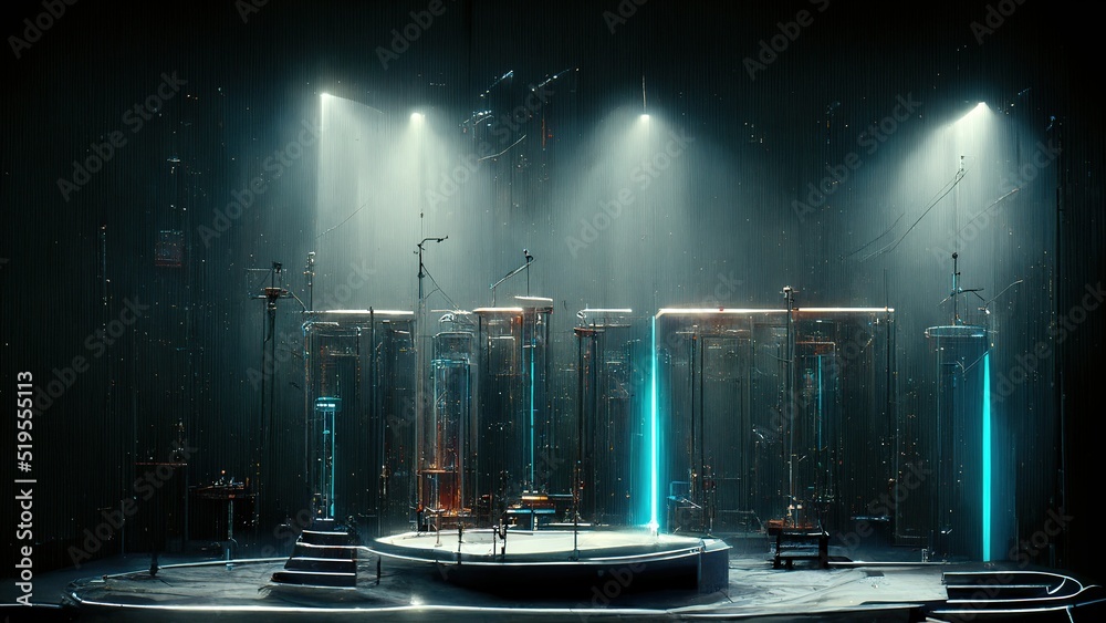 An empty dark blue studio room is a futuristic sci-fi large hall with ...