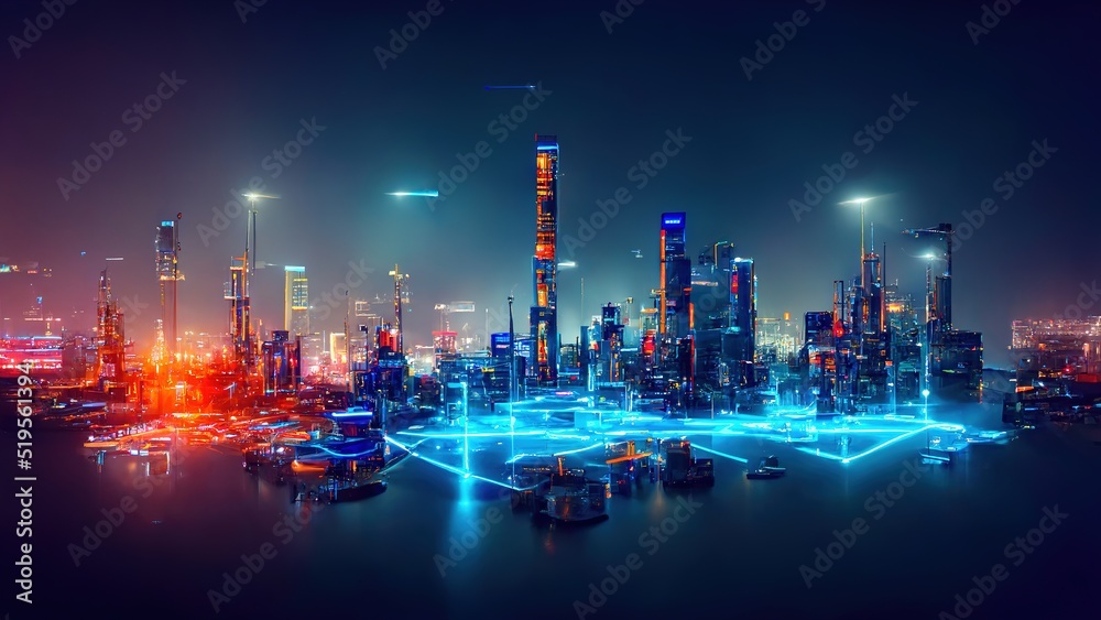 A futuristic night city with a connection of dots and lines. The ...