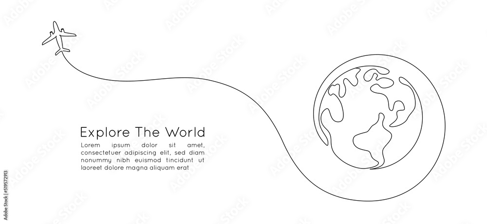 One continuous line drawing of Earth globe with airplane. Flight route ...