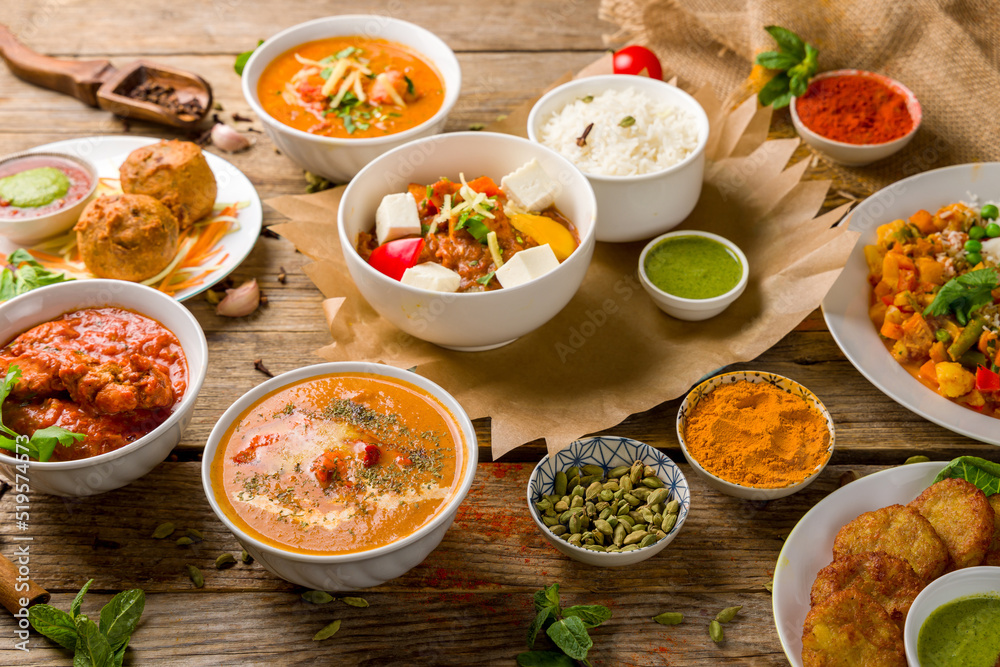 chicken tikka masala, kadai chicken; coconut sabdji, indias samosa, veg ...