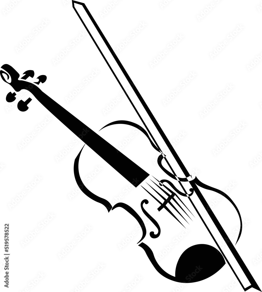 Black and White Cartoon Illustration Vector of a Violin and Bow Stock ...
