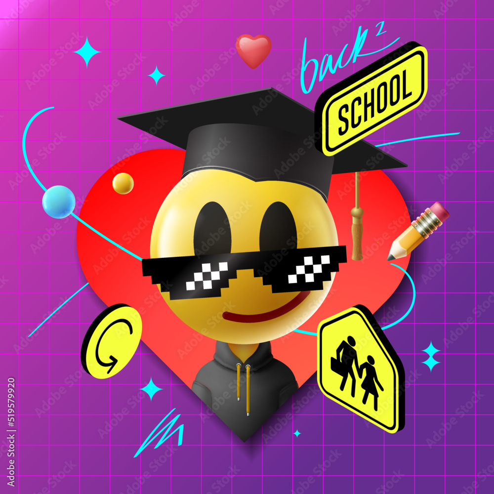 Back to school. Web banner with emoji smiling face in graduation hat ...