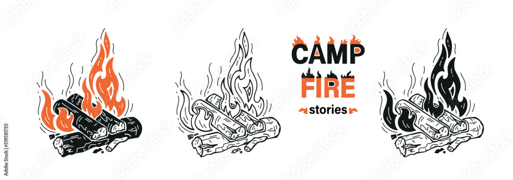 Vector Set of Wood Campfire. Outdoor Bonfire. Fire Flames and Wooden ...