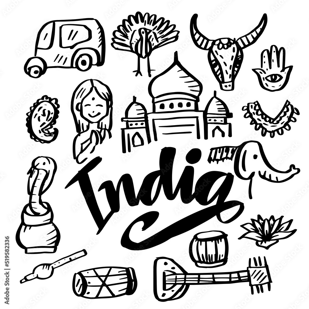 Cartoon cute doodles hand drawn India Stock Vector | Adobe Stock