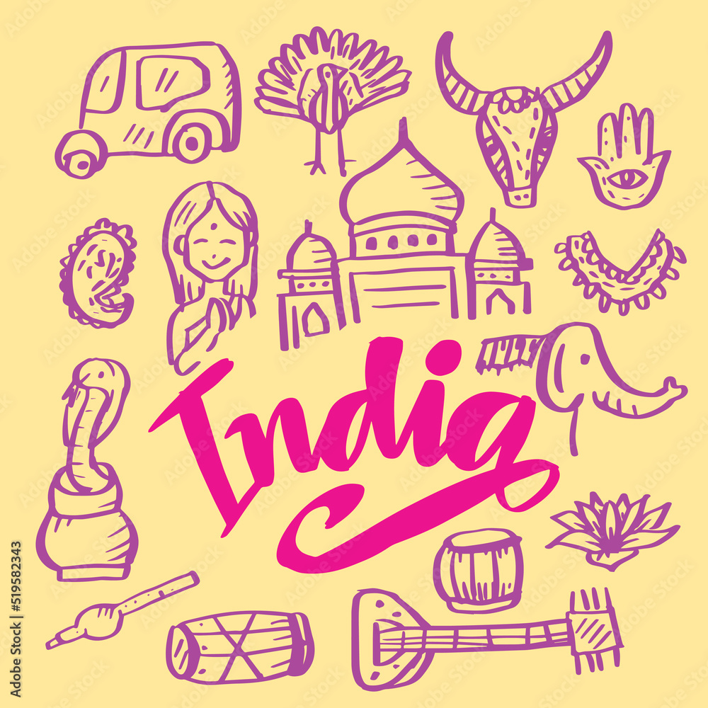 Cartoon cute doodles hand drawn India Stock Vector | Adobe Stock