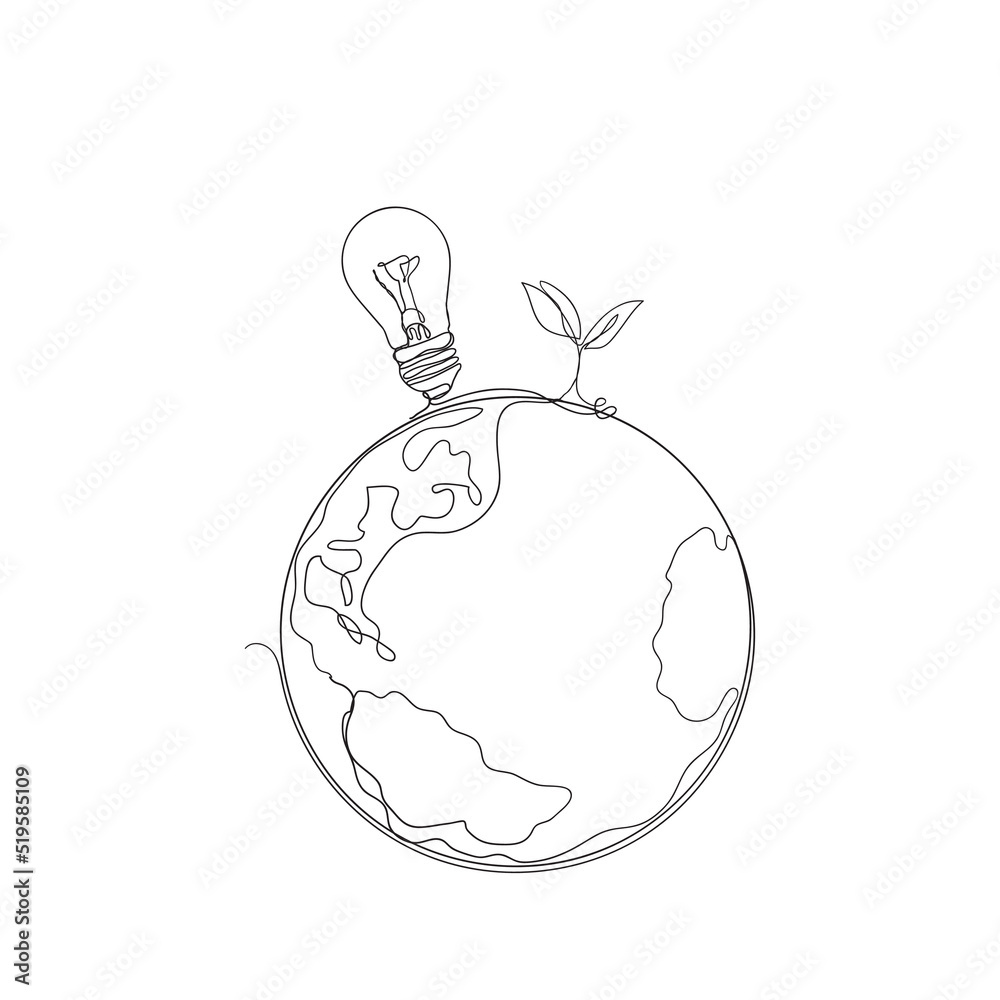 continuous line drawing earth with plant and bulb symbol for eco energy ...