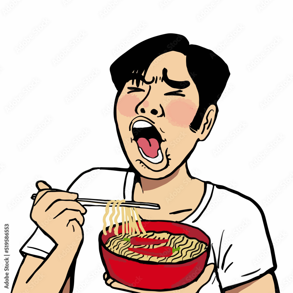 Cartoon action man eats instant noodles, spicy taste, distorted face ...