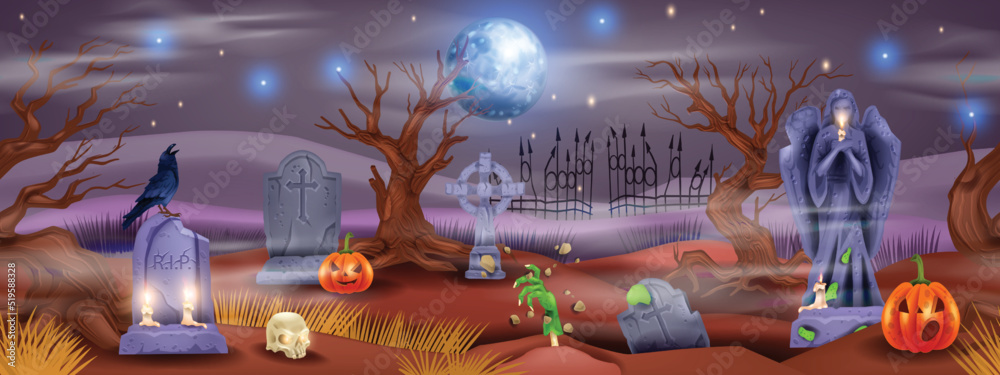 Halloween graveyard seamless background, vector spooky cartoon cemetery ...
