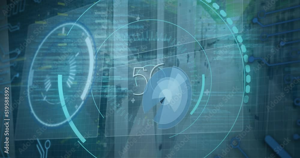 Animation of 5g text, scopes scanning and data processing over servers Stock Video | Adobe Stock