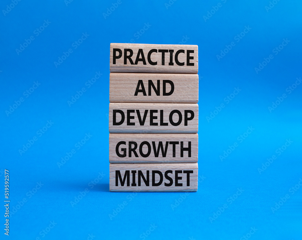 Practice and Develop growth mindset symbol. Wooden blocks with words ...