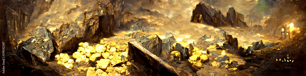 Artistic painting concept of gold mine and small gold nuggets lie ...