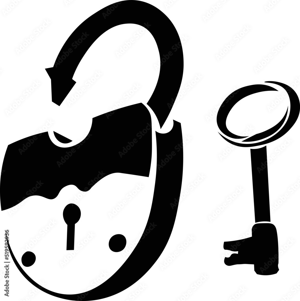 Black and White Cartoon Illustration Vector of a Padlock and Key Stock ...