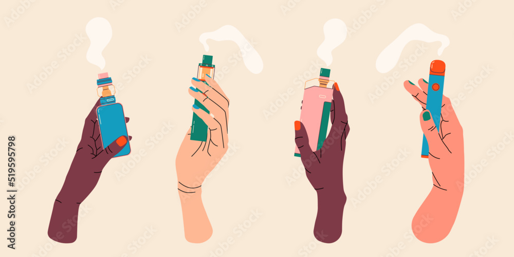 Hands holding vapes, colorful illustrations set. Electronic cigarettes ...
