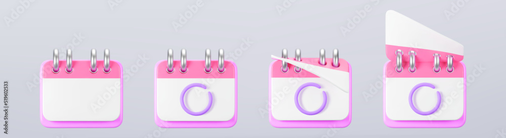 3d pink calendar icons with highlighted circle day and flipping pages ...
