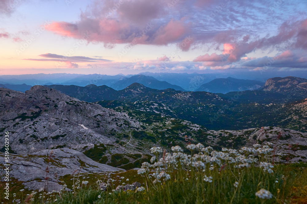 hübsche Berglandschaft mit Blumen und nackten kalkfelsen bei bleauer ...