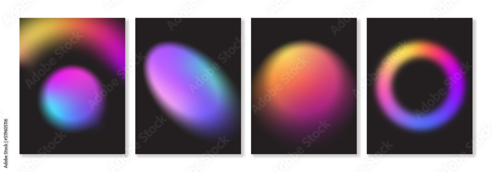 Set of black backgrounds with blurry gradient shapes. For covers ...
