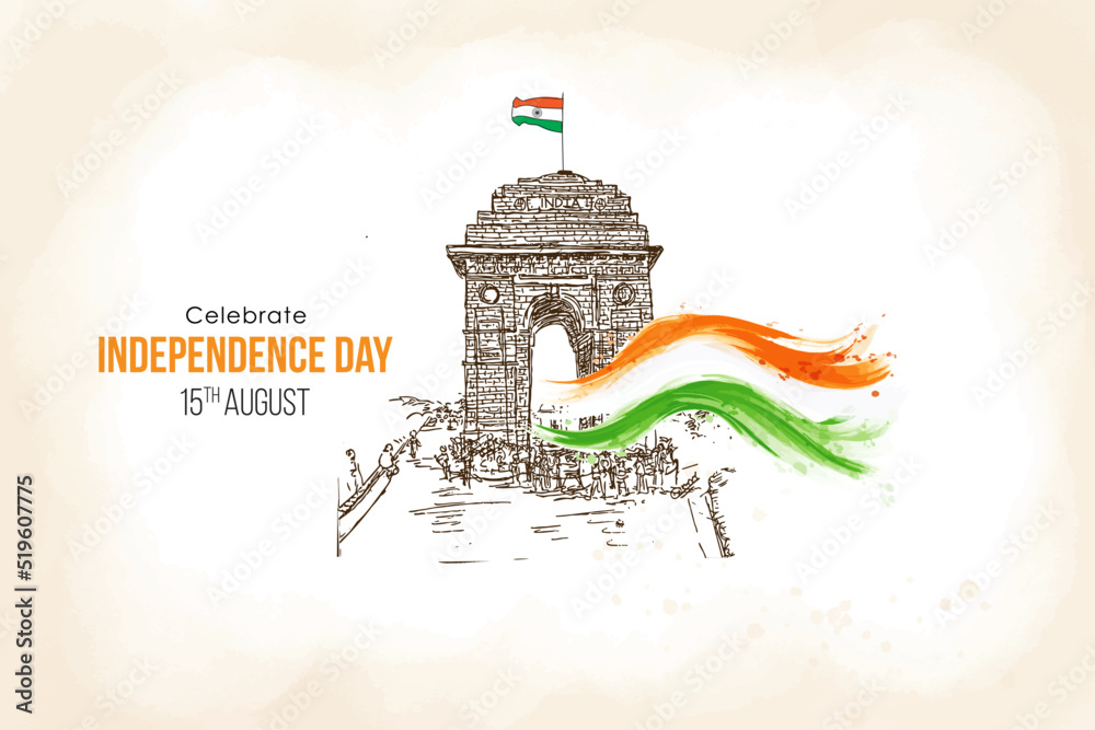 15 August India independence day concept India gate hand drawing ...