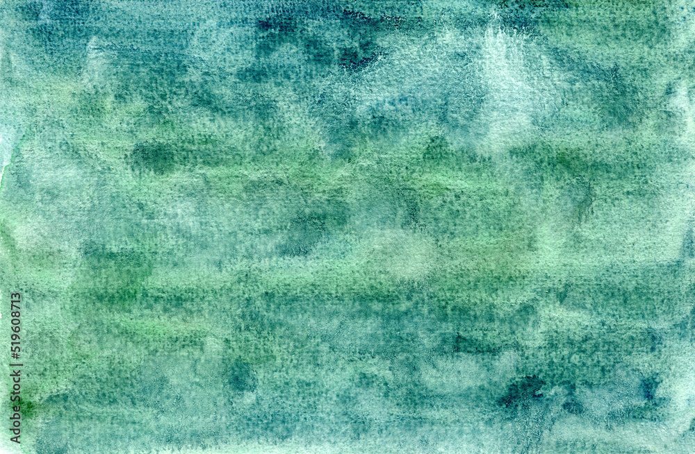 Marine blue and green striped wet watercolor background, wash technique ...