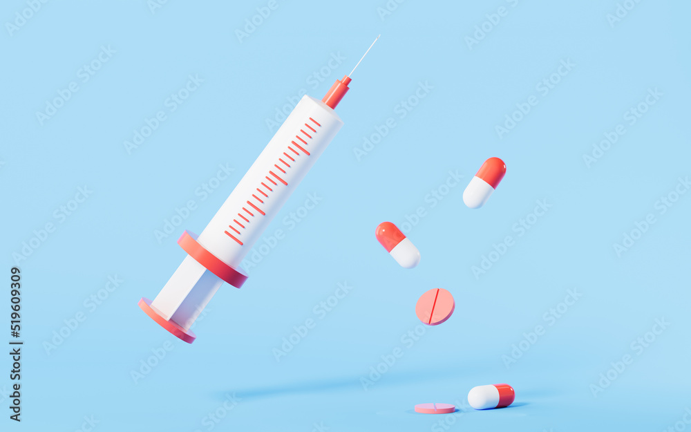 Cartoon style injection syringe and pills with blue background, 3d ...