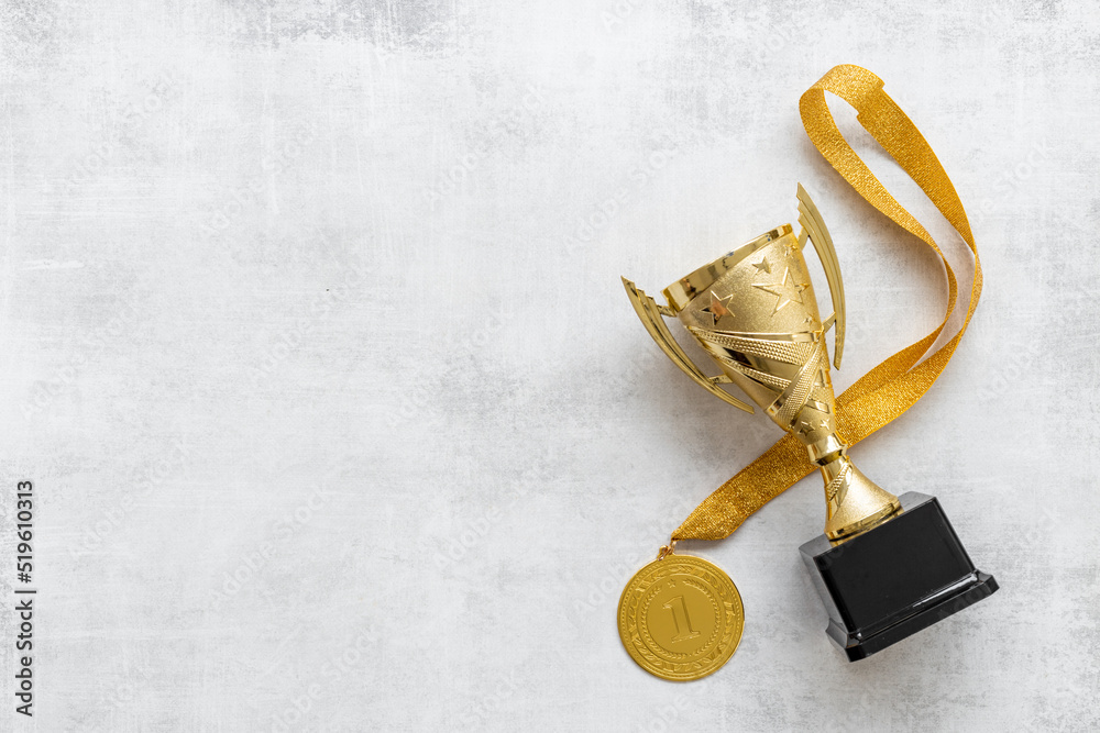 Winner concept with gold medal first place and award trophy cup Stock ...